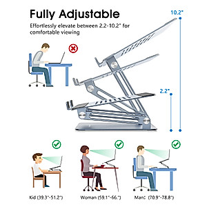 AboveTEK Laptop Stand, Adjustable Laptop Riser, Aluminum Computer Stand for Laptop up to 17.3 Inches, Portable Laptop Holder Compatible with MacBook Pro, HP, Ergonomic Desktop for Office, Home, Grey