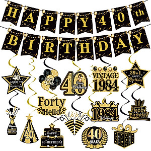 Elomy 40th Birthday Decorations Man - 16PCS Vintage 40th Birthday Party Banner Decorations Woman Black Gold Happy Hanging Swirls Decorations Supplies Cheers to Forty-Year-Old Birthday Party Men