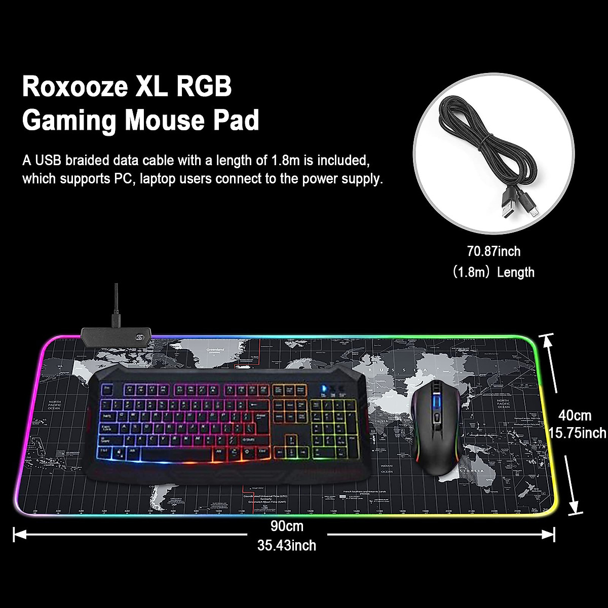 Roxooze Gaming Mouse Pad,Extra Large RGB Mouse Pad with Non-slip Rubber Base，Extended XL Led Desk Mat Ultra Smooth Surface Waterproof for Computer Laptop Home PC Gamer 35.43 x 15.75inch(World Map)