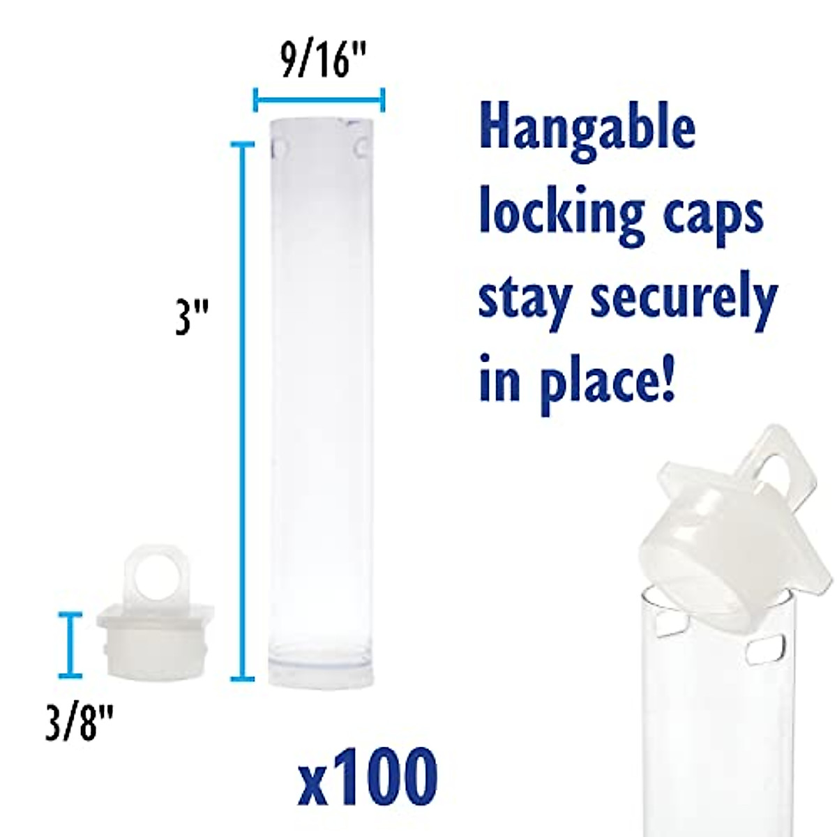 The Beadsmith Clear Plastic Tubes - 3-Inch-Long Round Tubes, 9/16 Inches in Diameter - Hanging Caps - Use for Beads, Bath Salts, Wedding & Party Favors, Home or Office Storage - Bag of 100