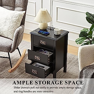 VECELO Nightstands Set of 2 with Charging Station End Bedside Tables with 3 Storage for Bedroom, Living Room, Vintage Accent Furniture, Solid Wood Legs, Three Drawers, Black