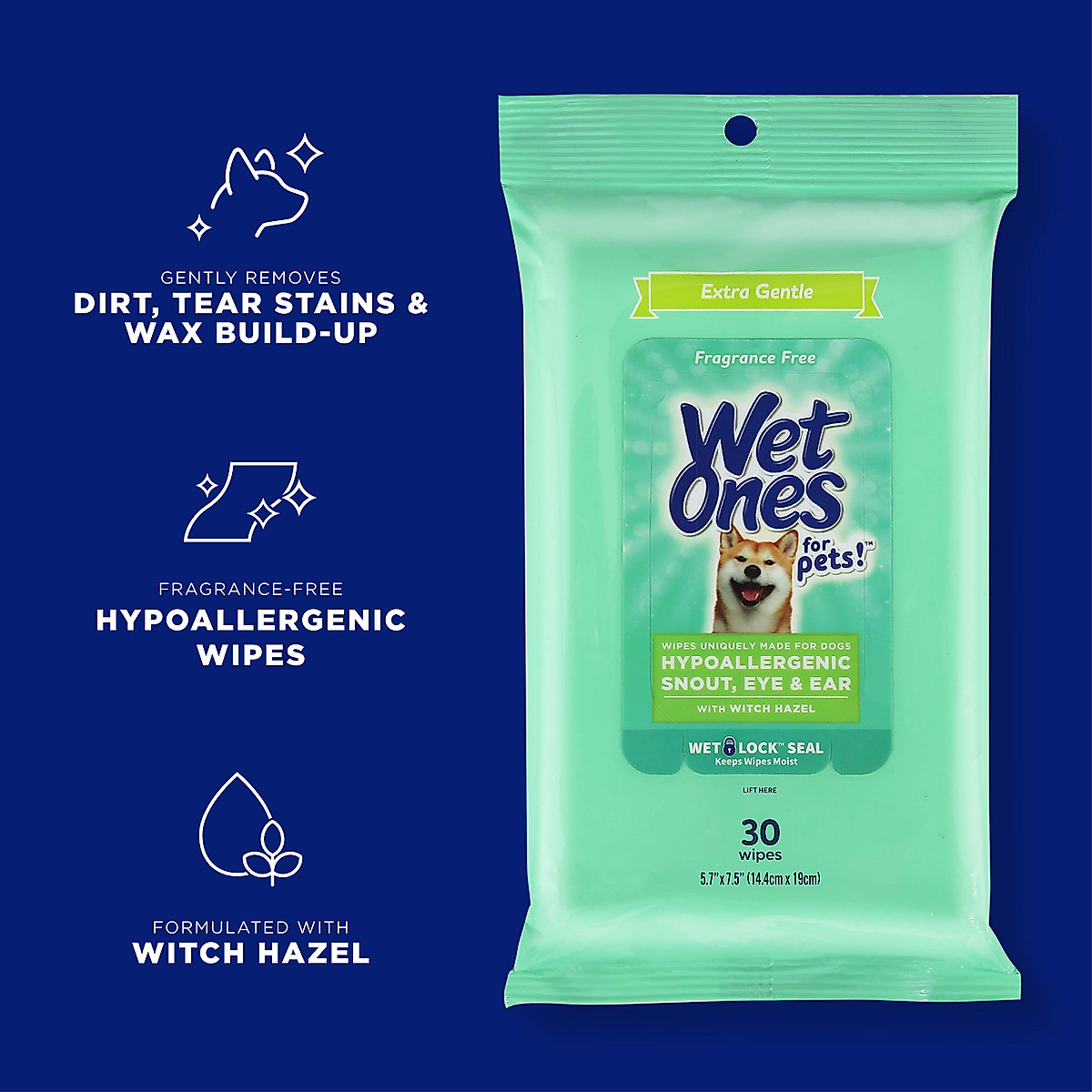 Wet Ones for Pets Extra Gentle Dog Wipes with Witch Hazel for Snout, Eye, Ear, Fragrance-Free Dog Wipes for All Dogs Wipes with Wet Lock Seal (Pack of 8, 240 Count Total)
