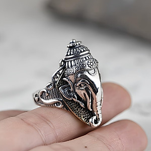 Retro Vintage 925 Sterling Silver Hindu Elephant Lord Ganesh Ring Ganesha Jewelry for Men Women Size 11
