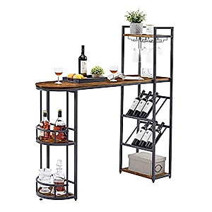 KIVENJAJA Bar Table with Wine Racks, Storage Shelves & Glass Holders, Industrial Small High Top Kitchen Table for 2, 36.4” Counter Height Dining Table Home Bar Unit, Rustic Brown and Black