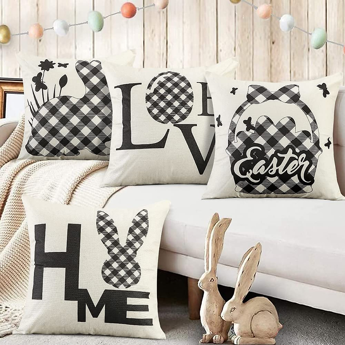 Ohok Easter Pillow Covers 18x18 Set of 4 Spring Pillow Covers Black and White Striped Rabbit Basket Decorative Pillow Covers for Farmhouse Home Decor Sofa Couch Chair Bed Bedroom Living Room