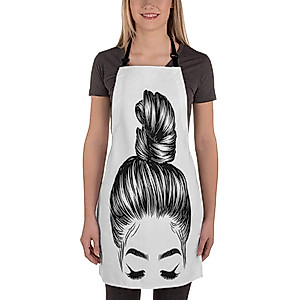 Moslion Girl Apron 31x27 Inch Sketch of Woman with Fashion Bun Perfect Eyebrow Eyelash Kitchen Chef Waitress Cook Aprons Bib with Adjustable Neck for Women Men Girls Black White