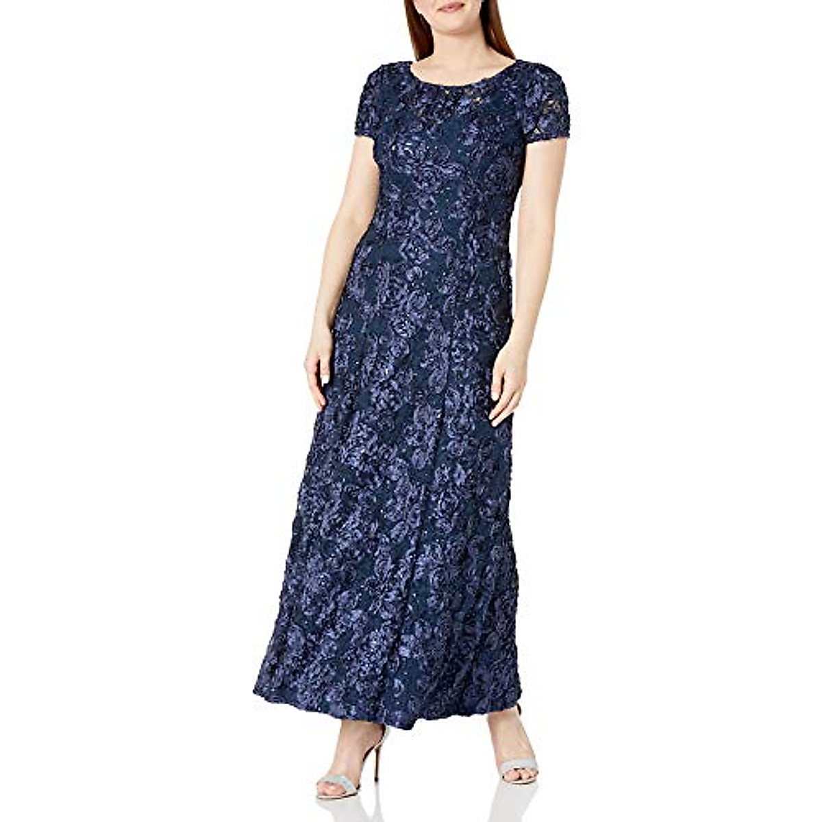 Alex Evenings Women's Long Rosette Lace Cap Sleeve Gown, Navy, 16