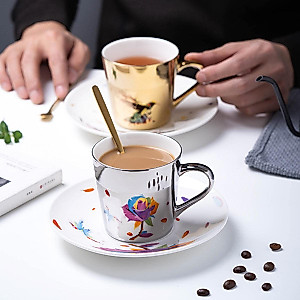 ACGrade Mirror Cup,Mirror Reflection Coffee Mug,Mirror Coffee Cup,Specular Reflection Flower, Ceramic Mug and Saucers Set,with Spoon 250ML, Silver Bird, 17*8CM