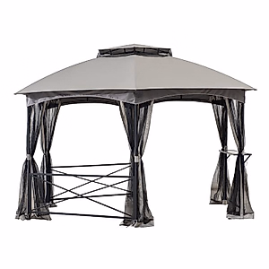 ZZBJ Outdoor Patio Hexagon Gazebo 13' W X 11' D Dome Top Powder-Coated Steel Frame Gazebo with Net Gray
