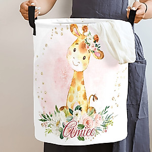 Floral Jungle Giraffe Personalized Laundry Basket Clothes Hamper with Handles Waterproof,Custom Collapsible Laundry Storage Baskets for Bedroom,Bathroom Decorative Large Capacity