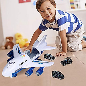Car Toys Set with Transport Cargo Airplane and Large Play Mat, Mini Educational Vehicle Police Car Set for Kids Toddlers Boys Child Gift for 3 4 5 6 Years Old, 6 Cars, Large Plane, 11 Road Signs