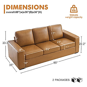 ELUCHANG 85" Luxury 3 Seater Sofa Couch for Living Room, Modern Upholstered Faux Leather Sofas Couches with Extra Deep Seats&Removable Cover, Comfy Sofa Couch for Small Space Apartment Lounge, Brown
