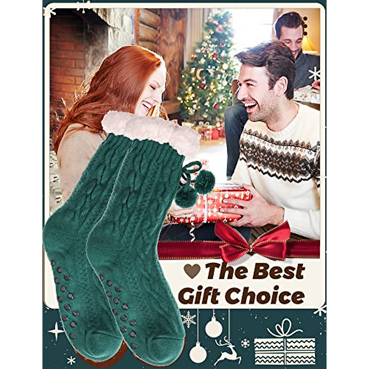 Anlisim Women Slipper Socks Fluffy Fuzzy Cabin Cozy Winter Warm Comfy Soft Fleece Thick Home Stocking Stuffers with Grips Non Skid Gift Socks（Ball (Green)）