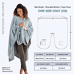 Berkshire Blanket Primalush™ Wearable Blanket, Cozy Loungewear Pocketed Plush Cape Wrap for Adults & Teens(Hazy Sky Blue, One Size 58"X64")