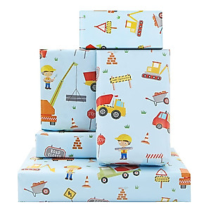 Road Under Construction Tractor Truck On Light Blue Wrapping paper for Kids Boys Men Birthday Party Baby Shower Holiday Christmas Gift Wrap - Folded Flat 30 x 20 Inch - 4 Sheets