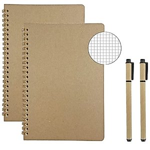 AOU Graph Paper Spiral Notebook, A5 Grid Journal with Thick Paper, 2-Pack, 8.3" x 5.7", 50 sheets/100 pages, Hard Cover Graph Ruled Notepads for School&Office, with 2 Pens (Brown)