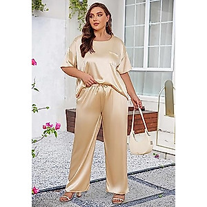 Ekouaer Women Plus Size Pajamas Silk Satin Pajama Pants Set Pjs for Women Satin Loungewear Sleepwear Lounge Set Champagne 18W