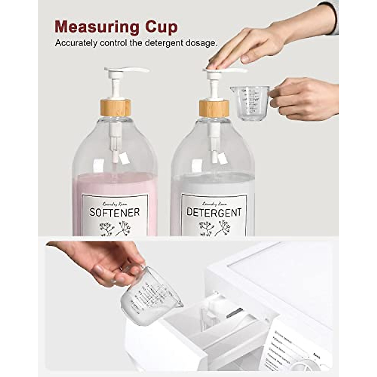 Liquid Laundry Detergent Dispenser, Laundry Detergent Container for Laundry Room, 67oz Storage Container for Farmhouse Decor, Includes Pumps, Collapsible Funnel, Labels and Bamboo Tray