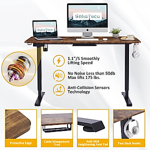SohoTeco Height Adjustable Electric Stand Up Desk, 48x24 Computer Desk with Memory Presets for Home and Office, Black Frame & Brown Desktop