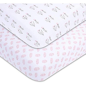 Adrienne Vittadini Bambini Jersey Cotton Standard Crib Sheets 2 Pack Watercolor Floral & Ovals, Pink