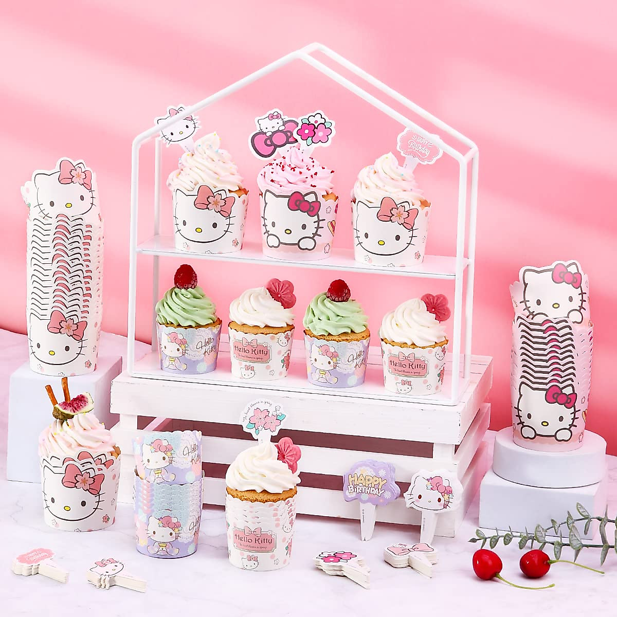 CHEFMADE 100 Pack Baking Cups Liner, 2 Oz Hello Kitty Cupcake Liners with 200Pack Mini Card, Cupcake Paper Cups for Muffins Desserts, Bake Sales, Wedding Table Decor, Baby Showers, Party Treats