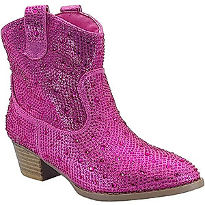 Forever Girls Rhinestone Cowboy Boots Kids Low Heel Dress Booties River-01K Fuchsia 2