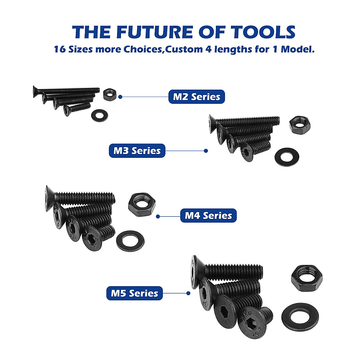JROUTH 1500pcs Screws Assortment , M2 M3 M4 M5 10.9 Grade Alloy Steel Hex Flat Head Cap Bolts Nuts Washers Assortment Kit with Hex Wrenches