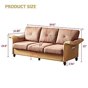 Myshle, Futon Sleeper Sofa Bed Mid-Century Modern Linen Fabric Faux Leather Sectional Couch for Living Room with 6 Wood Legs and 2 Removable Storage Boxes, Red Brown