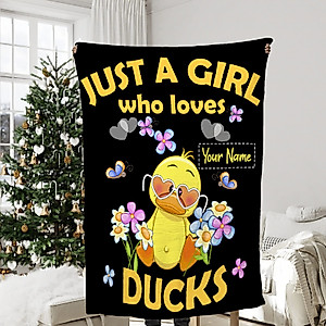 Just A Girl Who Loves Ducks Personalized Blanket Cute Duck Custom Name Throw Blankets Gifts for Girl Boys Flannel Fleece Cartoon Kawaii Animal Customized Blankets for Kids Lap Chair Bed 50x40In