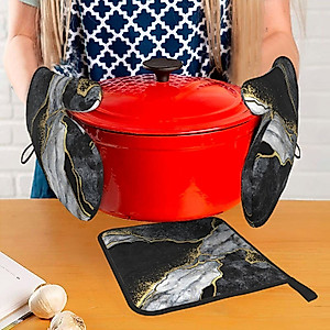 Oven Mitts and Pot Holders Sets of 3 Black Marble Gold Crack Kitchen Potholder Gloves Heat Resistant Non-Slip for Chef Baking Cooking Grilling BBQ Mittens