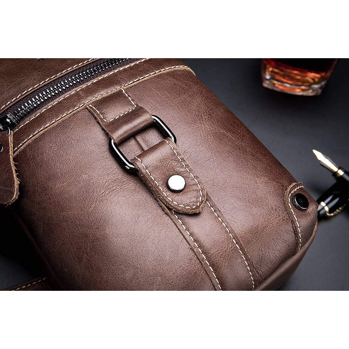Genuine Leather Sling Bag,Full Grain Leather Chest Bag Casual Crossbody Shoulder Backpack Travel Hiking Vintage Daypacks for Men