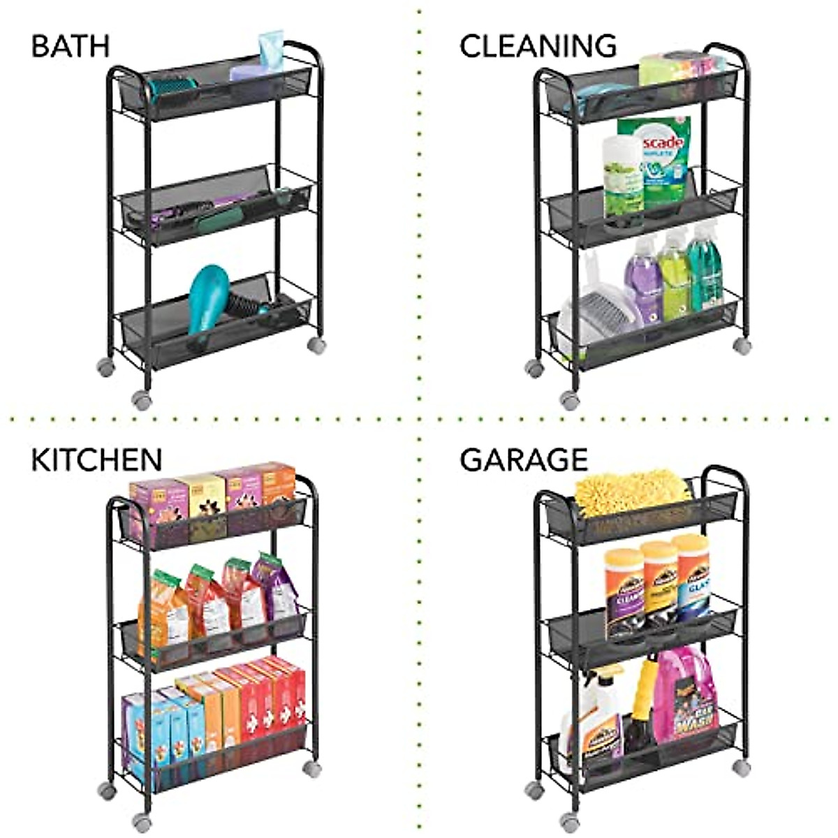 mDesign Steel Rolling Utility Cart Storage Organizer Trolley with 3 Basket Shelves for Laundry Room, Mudroom, Garage, Bathroom Organization - Holds Detergents, Hand Soap - Biro Collection, Black