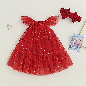 1-5T Baby Girl Sequins Dress Christmas Toddler Clothes Girl Two Piece Outfit Casual Tulle Tutu Dress + Headband Set (A Red, 4-5 Years)