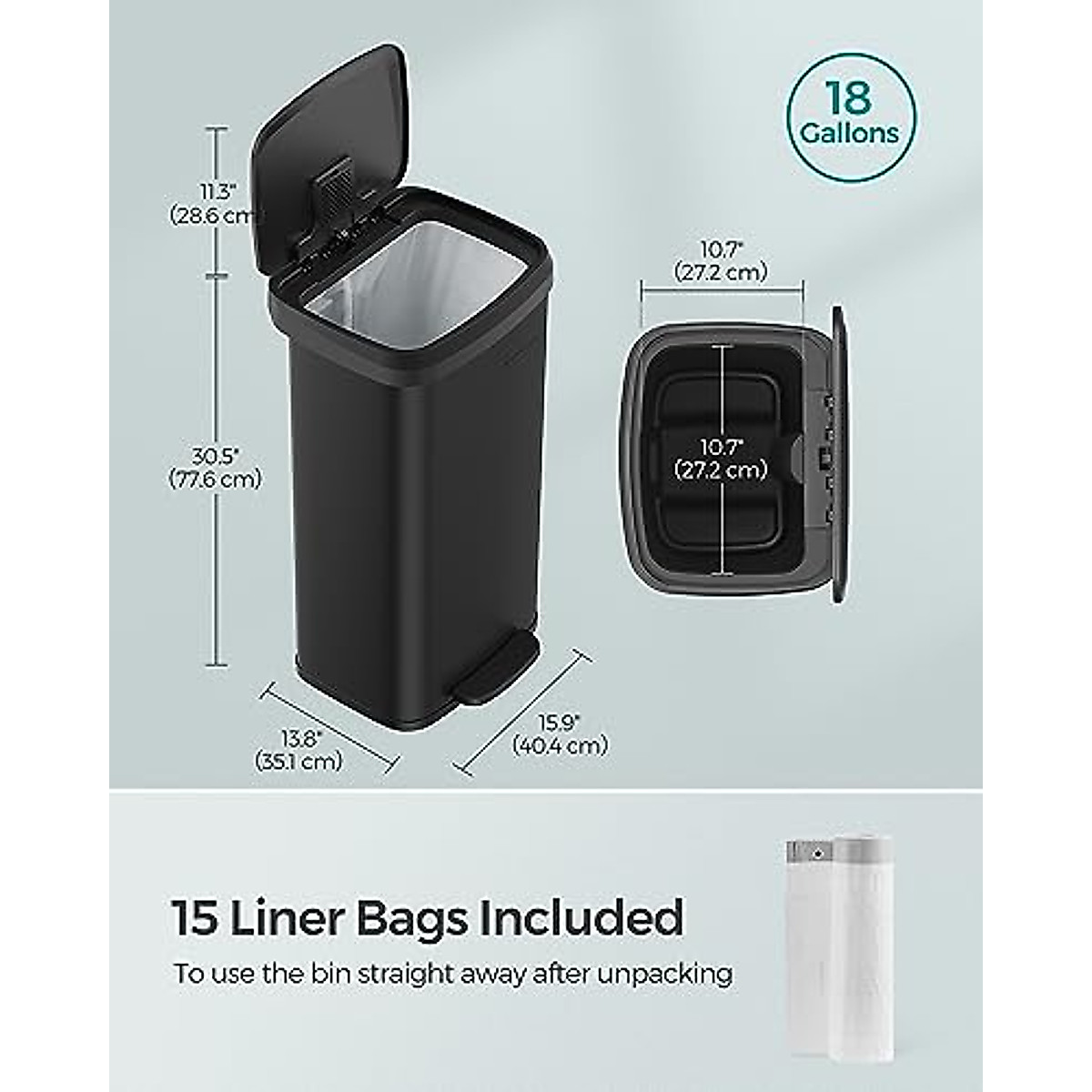 SONGMICS Kitchen Trash Can, 18-Gallon Stainless Steel Garbage Can, with Stay-Open Lid and Step-on Pedal, Soft Closure, Tall, Large and Space-Saving, Black ULTB520B68