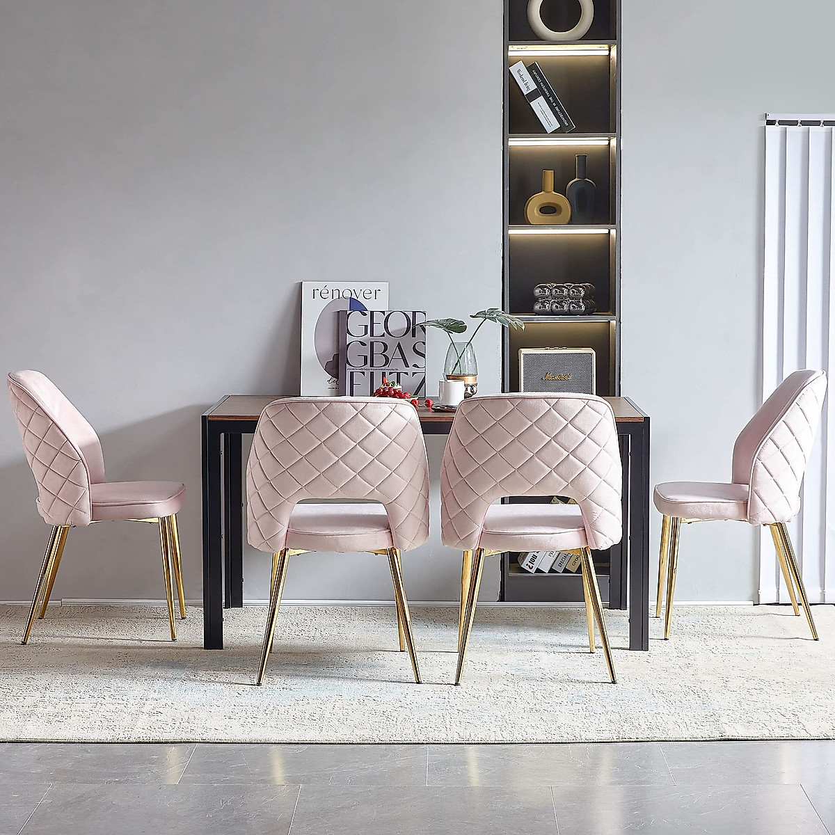 NORDICANA Modern Dining Chair Set of 4, Pink Velvet Fabric Upholstered Accent Chairs with Golden Metal Legs, Round Back Side Chairs for Kitchen Living Room Bedroom