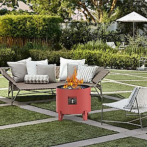 BAIDE HOME Portable Fire Pit for Camping RV 50,000 BTU Round 15'' H x 16'' W Propane Gas Fire Pit W/Lid, Glass Shards & Weather Resistant for Outdoors, 10ft Propane Extension Hose, Red