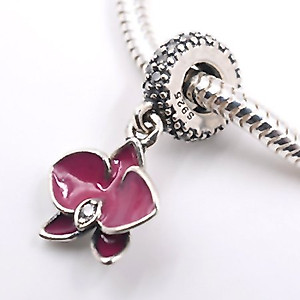 LAMOONY Flower Charm with Transparent Cz Stone and Fuschia Enamel 925 Sterling Silver Orchid Pendant Dangle Charm for Bracelet