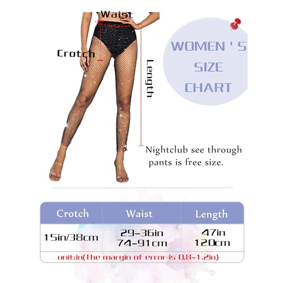 Yokawe Mesh Crystal Fishnet Pants Black Sparkly Rhinestone Body Chain See Through Bottoms Bikini Nightclub Party Rave Festival Body Accessories Jewelry for Women and Girls (Black, 120)