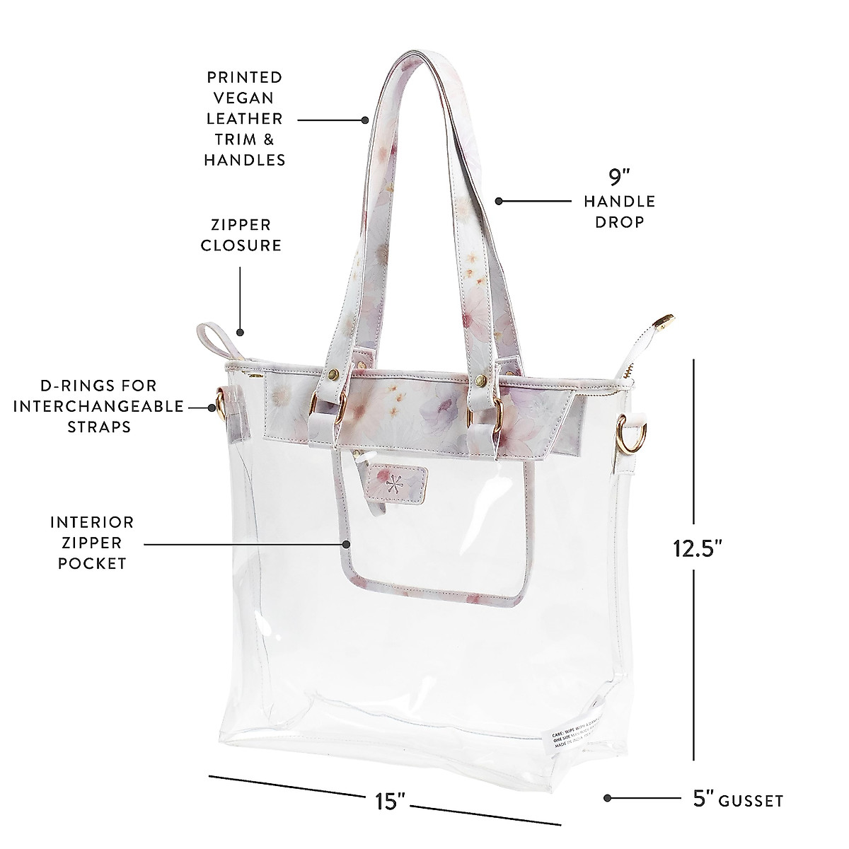 Erin Condren Large Clear Plastic Tote with Wildflower, with Gold Hardware One Inside Pocket - Designer Style Organization - 15" X 12.5" with 5" Gusset, 9” Handle Drop & Printed Trim