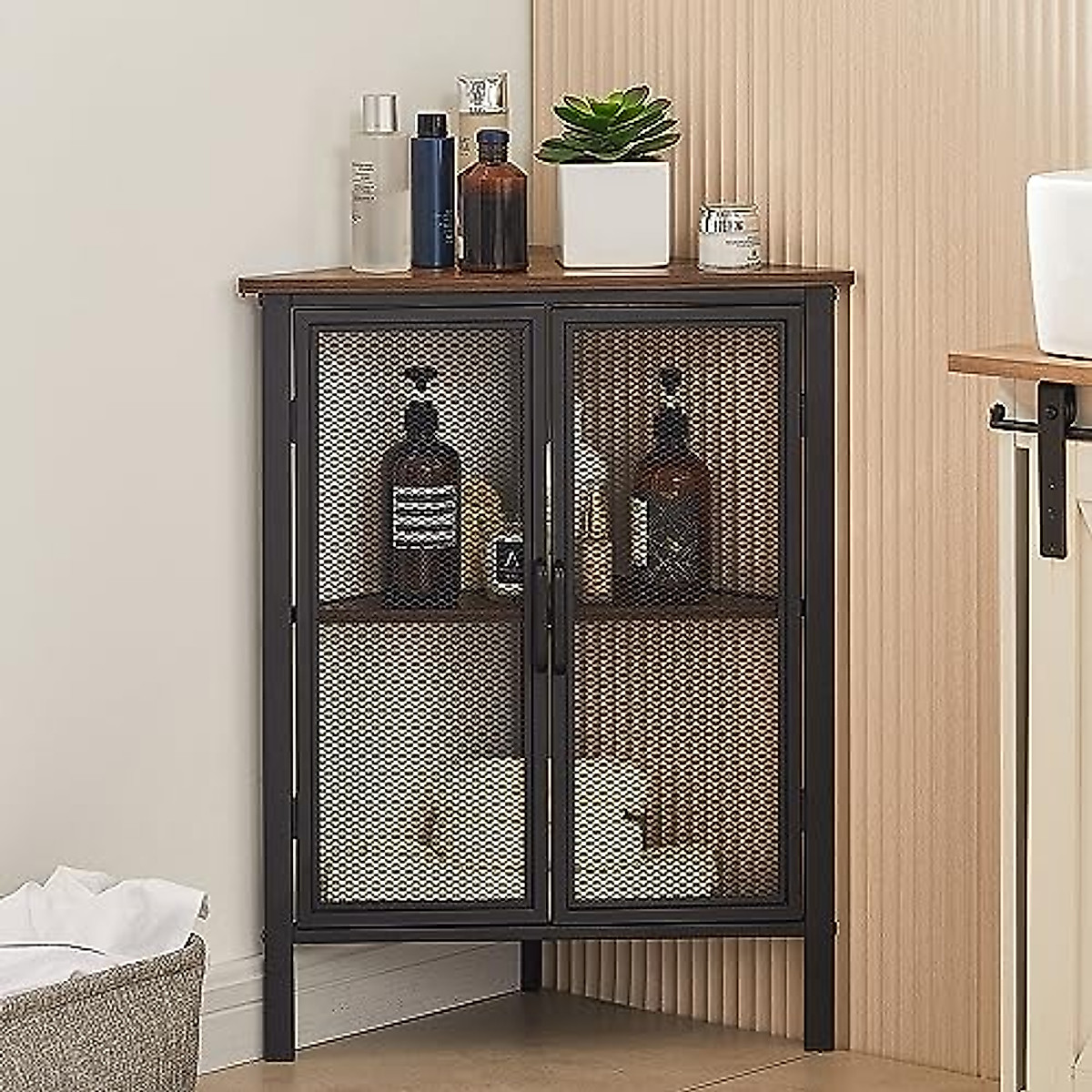 VECELO 3-Tier Cabinet/Table, Display Shelves with Free Standing Storage Mesh Small Space, Living Room, Kitchen, Bedroom, Corner Shelf with Door, Brown