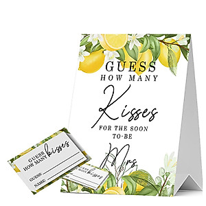 JIRIM-BEUTY Lemon Floral Guess How Many Kisses for The Soon to be Mrs, Guess How Many Baby Shower Games, 1 Stand Sign & 50 Tickets, Bridal Shower Sign - JRM301