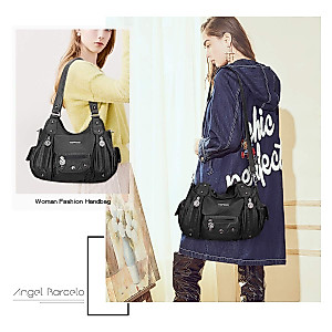 Angel Barcelo Roomy Fashion Hobo Womens Handbags Ladies Purses Satchel Shoulder Bags Tote Washed Leather Bag Black