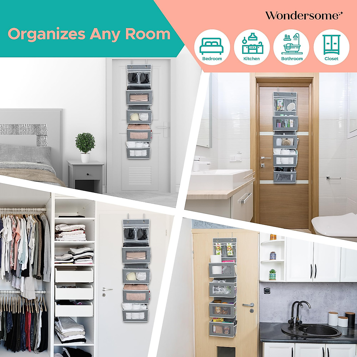 Wondersome Over the Door Organizer - Clear Mesh Window Hanging Storage Rack - Closet/Wall Organization for Bedroom, Bathroom, Kids Room - Space Saving Shelves for Clothes, Shoe, Towel - US-Based Brand