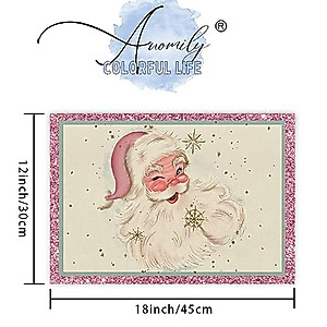 Pink Christmas Placemats Set of 4 Pink Santa Placemats 12 x 18 Inch Christmas Snowflake Placemats for Winter Xmas Home Holiday Kitchen Dining Party Decor