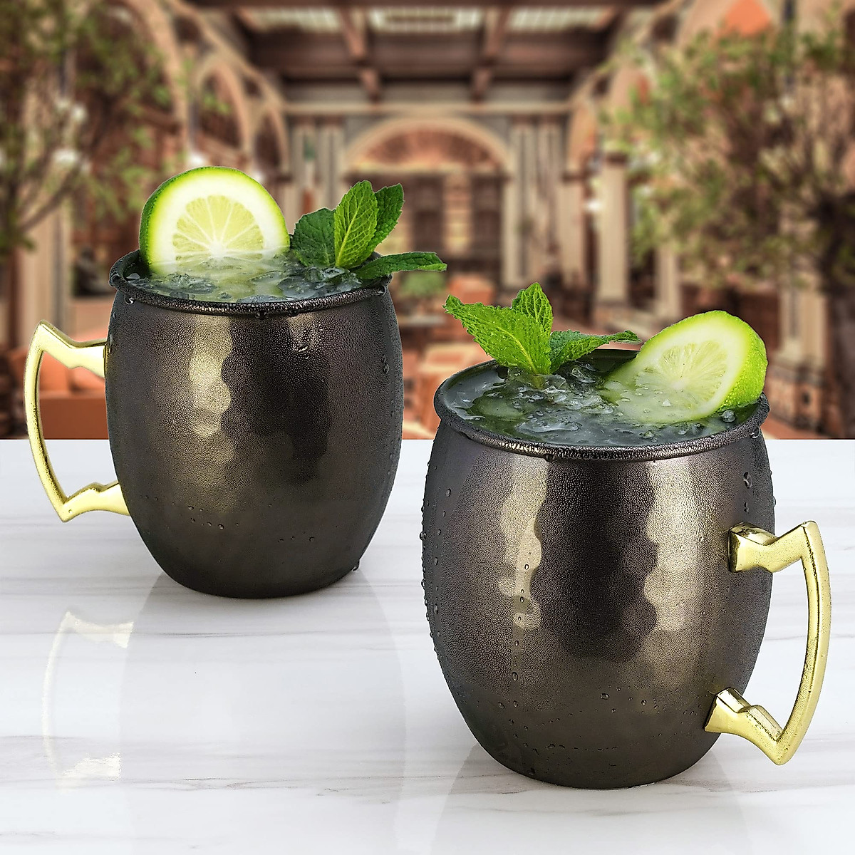 PG Moscow Mule Mugs - Large Size 19 ounces - Set of 2 Cups - Stainless Steel Lining - Honeycomb Pattern Finish - Brass Handle - 3.7 inches Diameter x 4 inches Tall