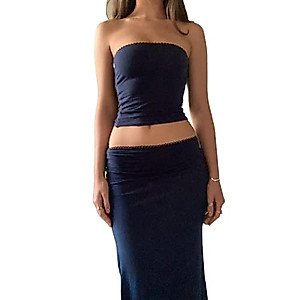 Women Y2K Skirt Set Outfits Strapless Crop Top Bodycon Midi Skirt Dress Sexy 2 Piece Knit Outfits Skirt Summer(J-Black,S)