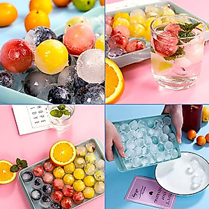 SCEssentials Round Ice Cube Tray with Lid Bin Ball Maker Mold for Freezer Container Mini Circle Making 99 piece Sphere Chilling Cocktail Whiskey Tea Coffee 3 Trays 1 Bucket Scoop total PACKS Blue