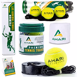 Ahari Unlimited Premium Tennis Trainer Set, Pro Tennis Rebounder with Metal Base in a Carrying Cylinder, 3 Replacement Rebound Balls, & Wristband, Portable Tennis Practice Equipment for Solo Training.