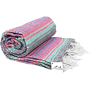 Open Road Goods Light Pastel Mexican Falsa Blanket - Pink Grey Purple and Mint/Teal - Great as a Beach Blanket, Picnic Blanket, Yoga Blanket, or a Throw! Handwoven