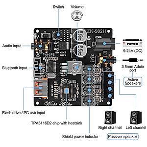 MakerHawk Blue Tooth Amplifier Board HiFi Stereo 2.0 2X50W Audio Amplifier Module TPA3116D2 Digital Power Amplifier Blue Tooth 5.0 Dual Channel AMP with AUX/USB/Flash Drive/PC Sound Card Input